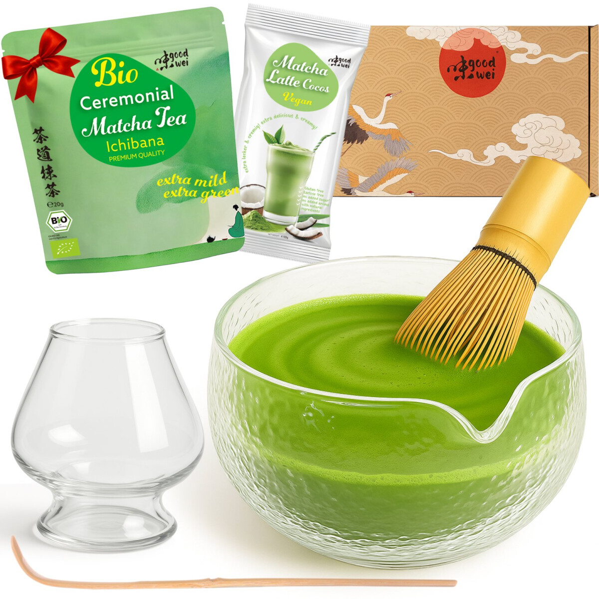 Matcha Latte Set van glas met ijsstructuur | Bio Matcha, 27,99