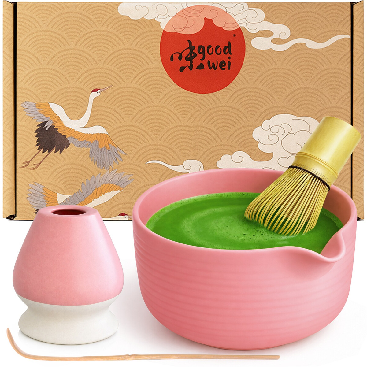 Matcha-Set Ume: rosé Matchaschale mit Ausguss & Besenhalter, 14,99